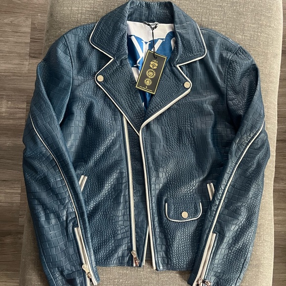 Yekim | Jackets & Coats | Mens Biker Gator Embossed Royal Blue Jacket ...